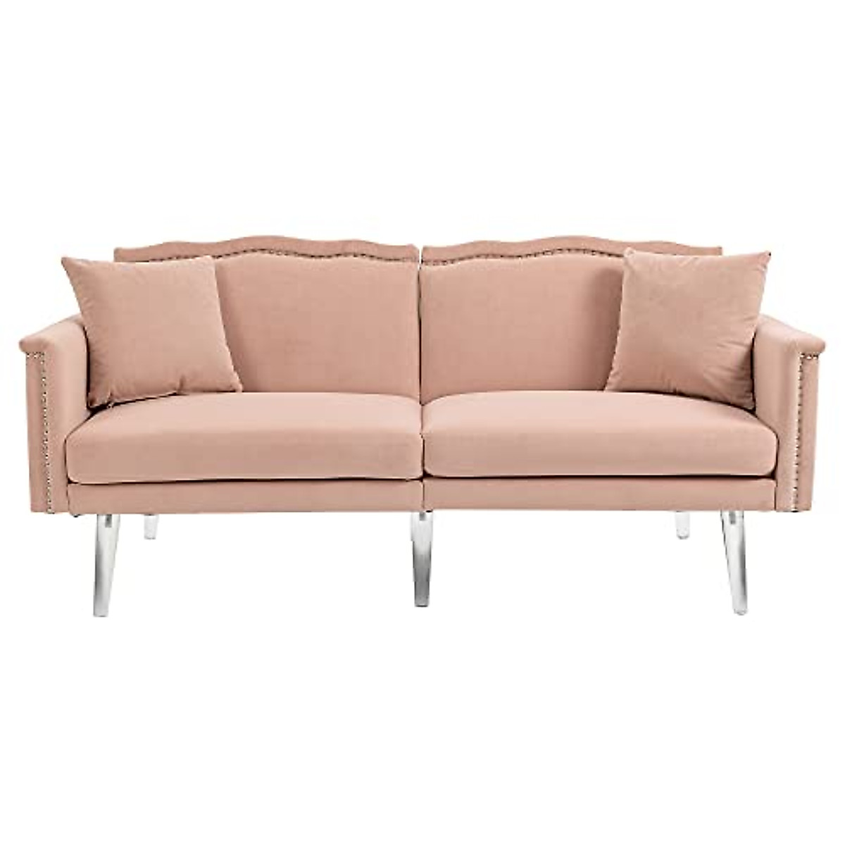 FULife 65" Mid Century Modern Velvet Upholstered Futon Sofa Split Back Loveseat Convertible Sleeper Couch Bed Daybed,Folding Recliner with Armrest&2 Pillows for Living Room/Compact Space, Pink