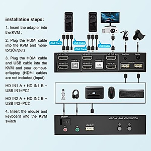 Dual Monitor KVM Switch HDMI 2 Port, 4K@60Hz Extended Display KVM Switch 2 Monitors 2 Computers with Audio Microphone Output and 3 USB Ports, PC Monitor Keyboard Mouse Switcher