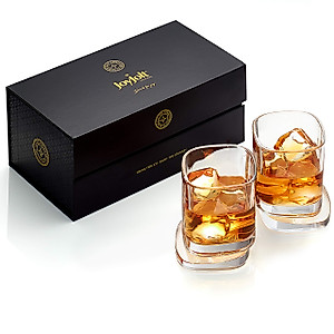 JoyJolt Aqua Vitae Premium Whiskey Glass Set of 2. Square Whiskey Glasses with Off Set Base. Old Fashioned Rocks Glasses for Scotch and Bourbon. Whiskey Tumbler Gifts for Men
