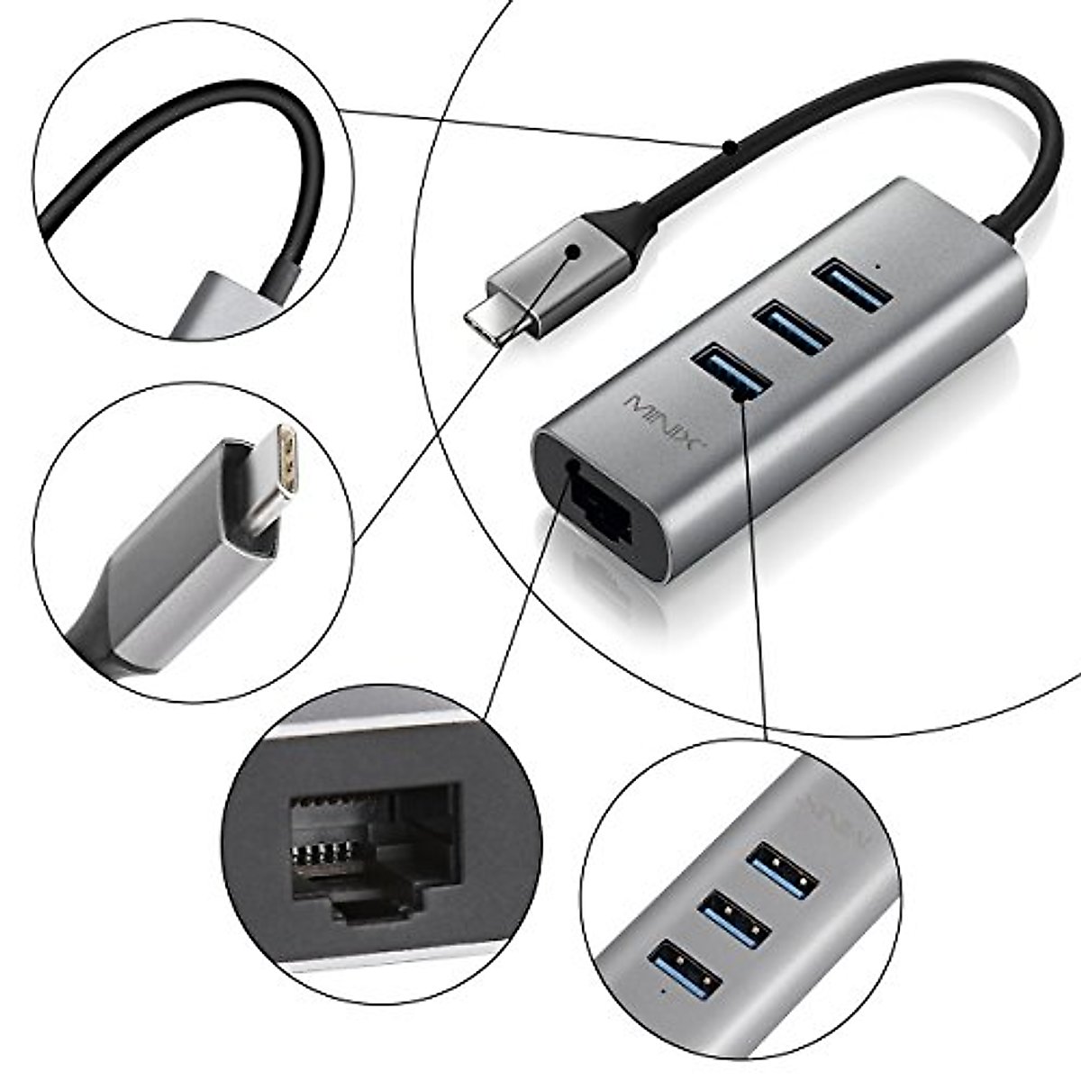 MINIX NEO-C-UEGR, Aluminium USB-C to 3-Port USB 3.0 and Gigabit Ethernet Adapter - for Windows, Mac and Chrome OS, Grey