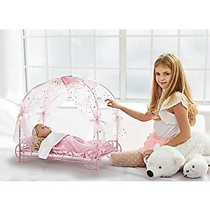 Badger Basket Toy Royal Doll Carriage Bed with Canopy, Bedding, and LED Lights for 18 inch Dolls -Pink/Stars