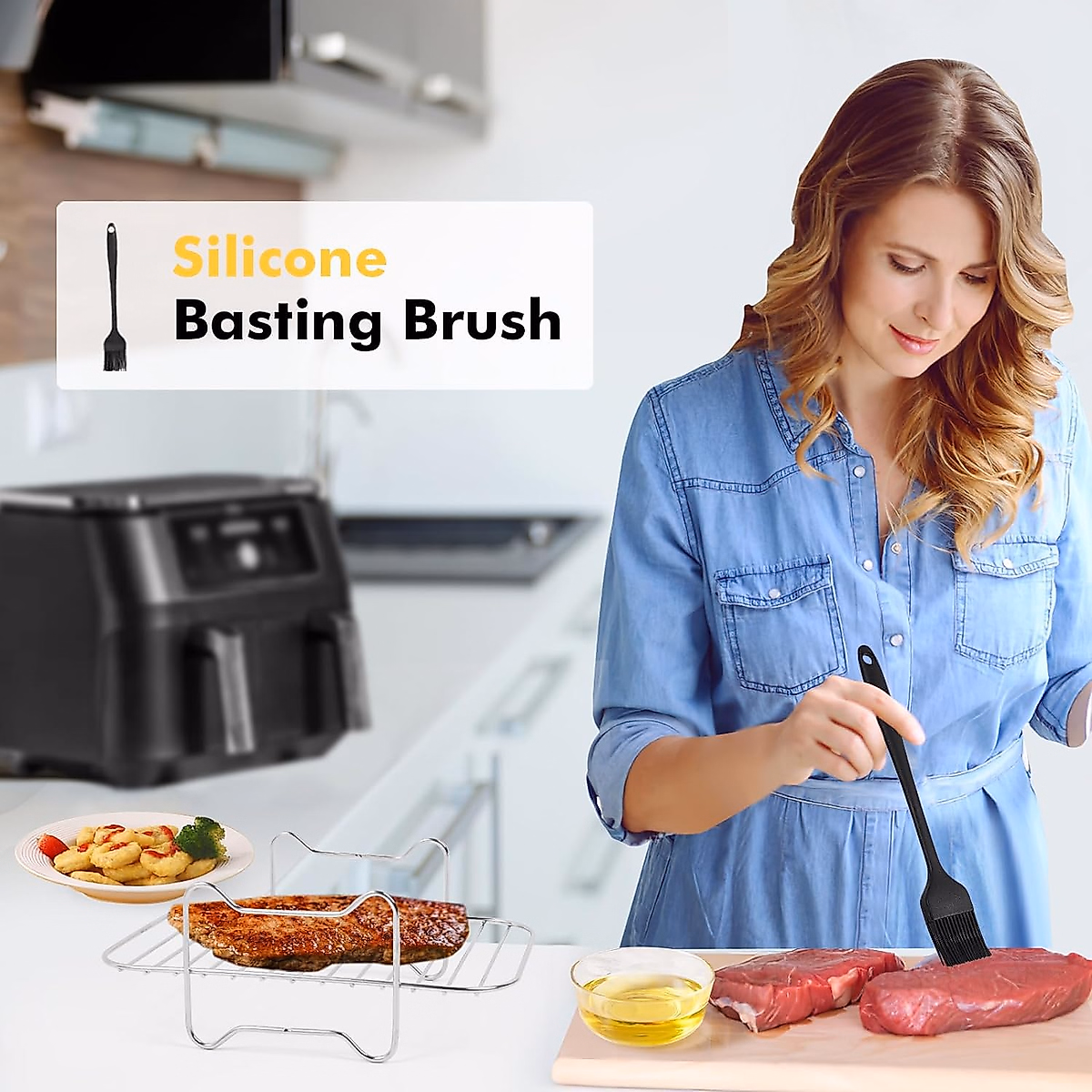 Dual Basket Air Fryer Accessories for Ninja Foodi DZ401 DZ550 DZ302 & Other 10 Quart 2-Basket DualZone Air Fryers, Come with Air Fryer Rack Set, 100Pcs Paper Liners, Silicone Brush & Tongs