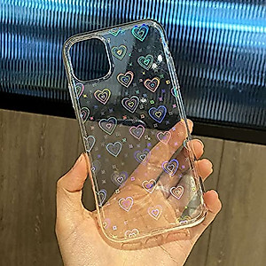 SmoBea Compatible with iPhone 11 6.1 Inch 2019, Clear Laser Glitter Bling Heart Soft & Flexible TPU and Hard PC Shockproof Cover Women Girls Heart Pattern Phone Case (Rainbow Heart/Clear)