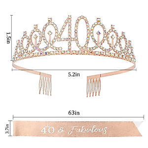 40th Birthday Sash & Rhinestone Crown Kit- Happy 40th Birthday Gifts Women 40th birthday decorations women (AB rose gold)
