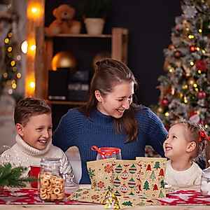 Whaline 120 Pack Christmas Kraft Treat Bags Xmas Tree Snowflake Bulb Light Prints Goodies Snack Gift Bags Red Green Candy Buffet Paper Bags for Christmas Holiday Party Favor Supplies, 4 Designs