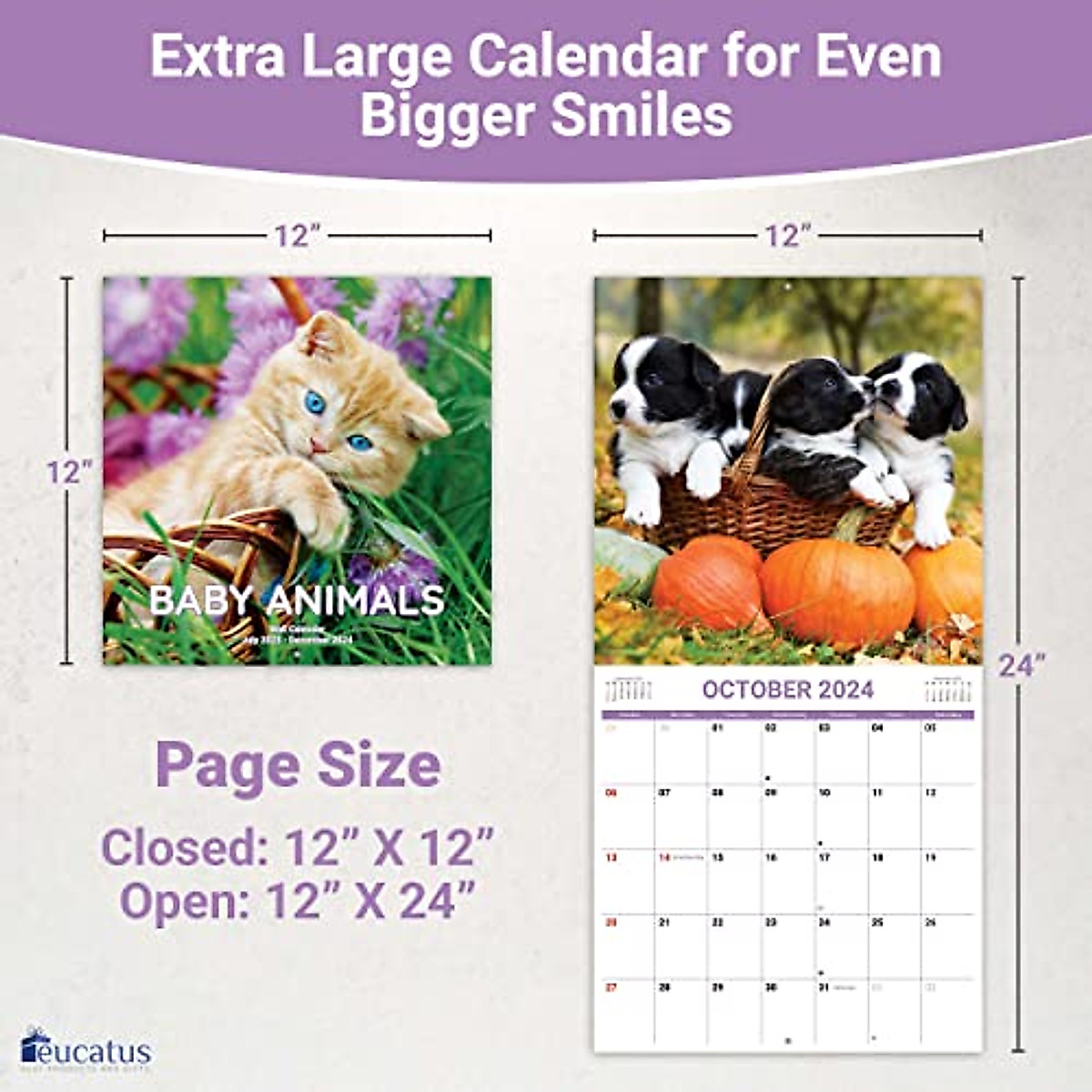 Super Cute 18 Month Baby Animals Wall Calendar 2023-2024. Big 12x12 Inch Novelty Gift With Puppies, Kittens and More. Great for Men, Women or Kids. Perfect Stocking Stuffer or Decor for Animal Lovers.