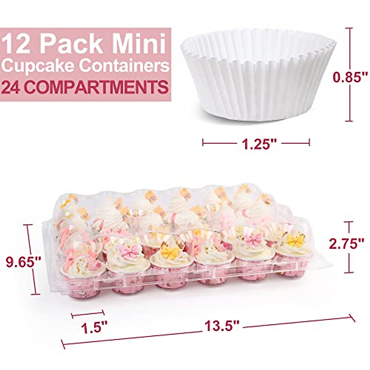 LotFancy Mini Cupcake Containers, 24 Count, 12 Pack Plastic Cupcake Holder with 288 Cupcake Liners, Clear Disposable Mini Cupcake Carriers with Detachable Dome Lid
