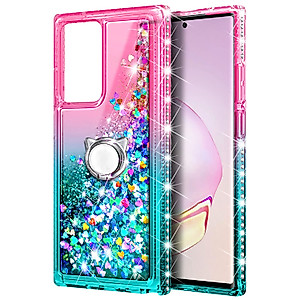 NGB Samsung Galaxy Note 20 Ultra Case with Screen Protector (Maximum Coverage, Flexible TPU Film), Ring Holder, Girls Women Liquid Bling Sparkle Fashion Glitter Clear Cute Case (Pink/Aqua)