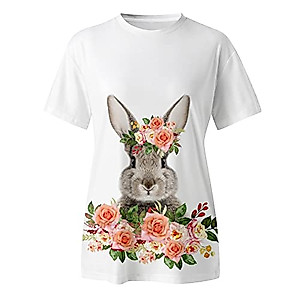 Womens Spring Summer Rabbit Printed Short Sleeve O Neck T Shirt Top Orange