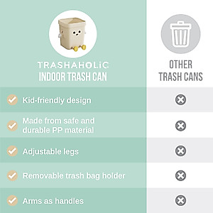 3.2-Gallon Cute Kids Trash Can - Durable Waste Basket Perfect for Kids Rooms, Classrooms, Pediatric Clinics - Beige Square-Shaped Trash Bin w/Arms & Legs - Comes with Removable Trash Bag Holder