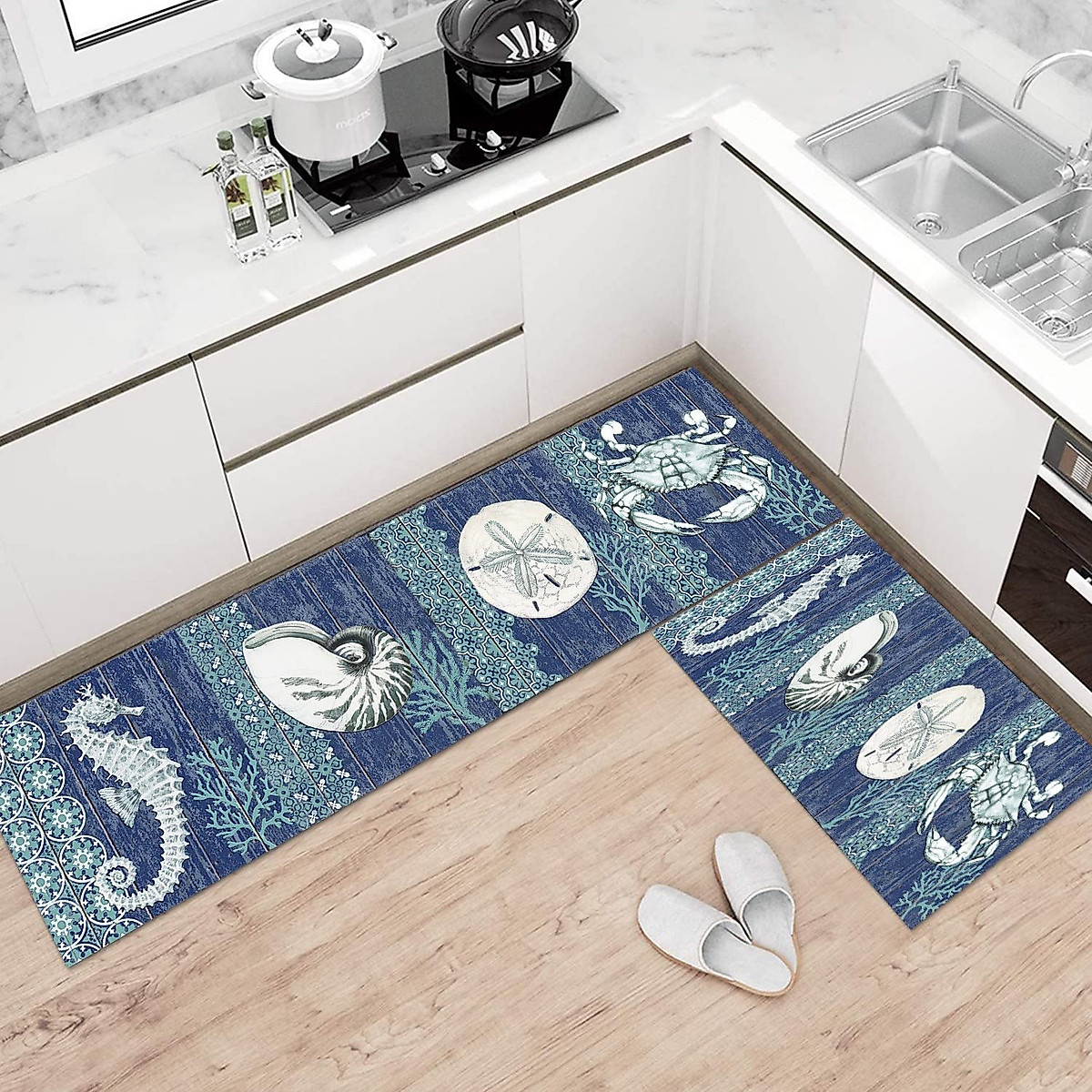 GUBIYU Kitchen Rugs Sets 2 Piece Floor Mats Sea Underwater Submarine Blue Crab Durable Doormat Nautical Ocean Animal Area Rugs Washable Runner Carpet Set Non Slip Fantastic Crab Kitchen Rugs and Mats