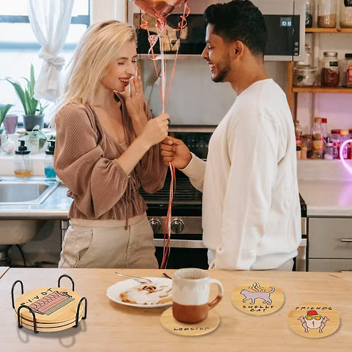 Puluole Friends Coasters for Drinks,Friends TV Show Merchandise,Funny Coasters Set with Coaster Holder,Bamboo Coasters for Coffee Table,Friends TV Show Decor,Friends TV Show Gifts(6 PCS)