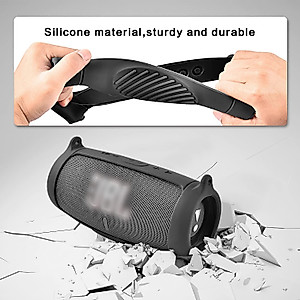 Silicone Case Cover for JBL Charge 5 Waterproof Portable Bluetooth Speaker, Travel Carrying Protective Gel Soft Skin, Waterproof Rubber Pouch with Shoulder Strap and Carabiner - Black