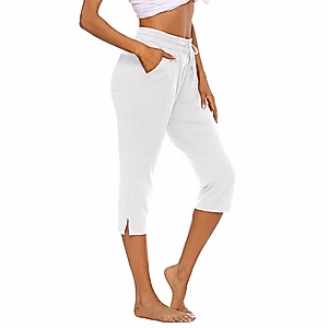 THANTH Womens Capri Yoga Pants Loose Drawstring Comfy Lounge Pajama Capris Workout Jersey Joggers Pants with Pockets White S