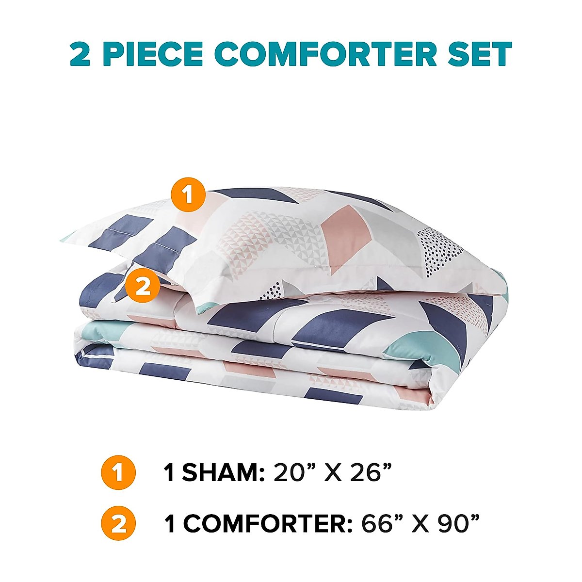 Comfort Spaces Kylar Cozy Comforter Set, Vibrant Chevron Ruching Design with Solid Reverse, All Season Down Alternative Bedding with Matching Sham, Twin/Twin XL (66 in x 90 in), Multi/Blush 2 Piece