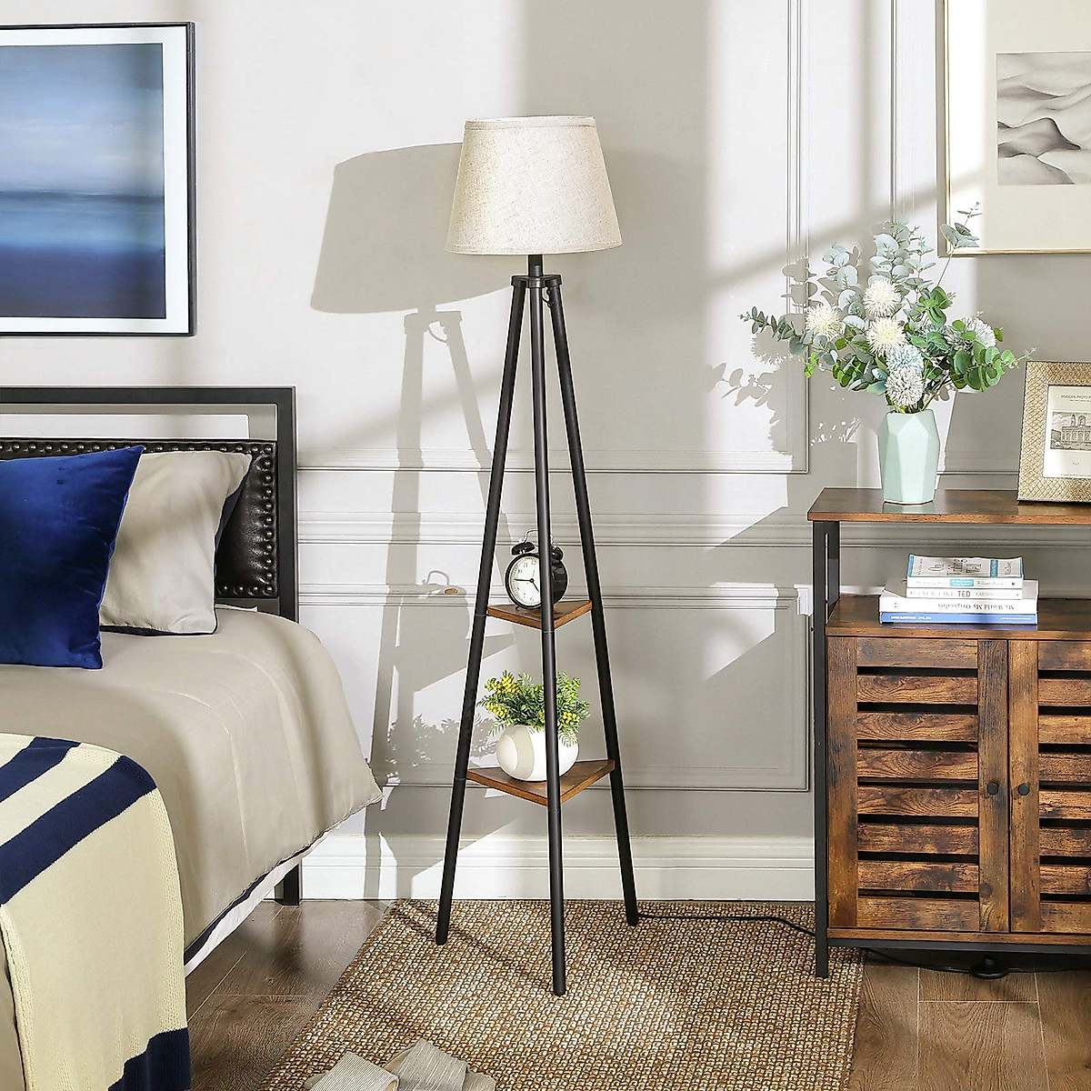 VASAGLE Floor Lamp with Shelves, Standing Reading Lamp with Lamp Shade, for Living Room, Bedroom, Bulb Not Included, Rustic Brown ULFL15BX