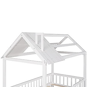 LostCat Kids House Bed,Twin Size Bed House Wood Montessori House Bed Frame with Fence and Rails, House Bed Kids Montessori Beds Playhouse Tent Bed, Solid Wood Platform Bed Frame for s, White