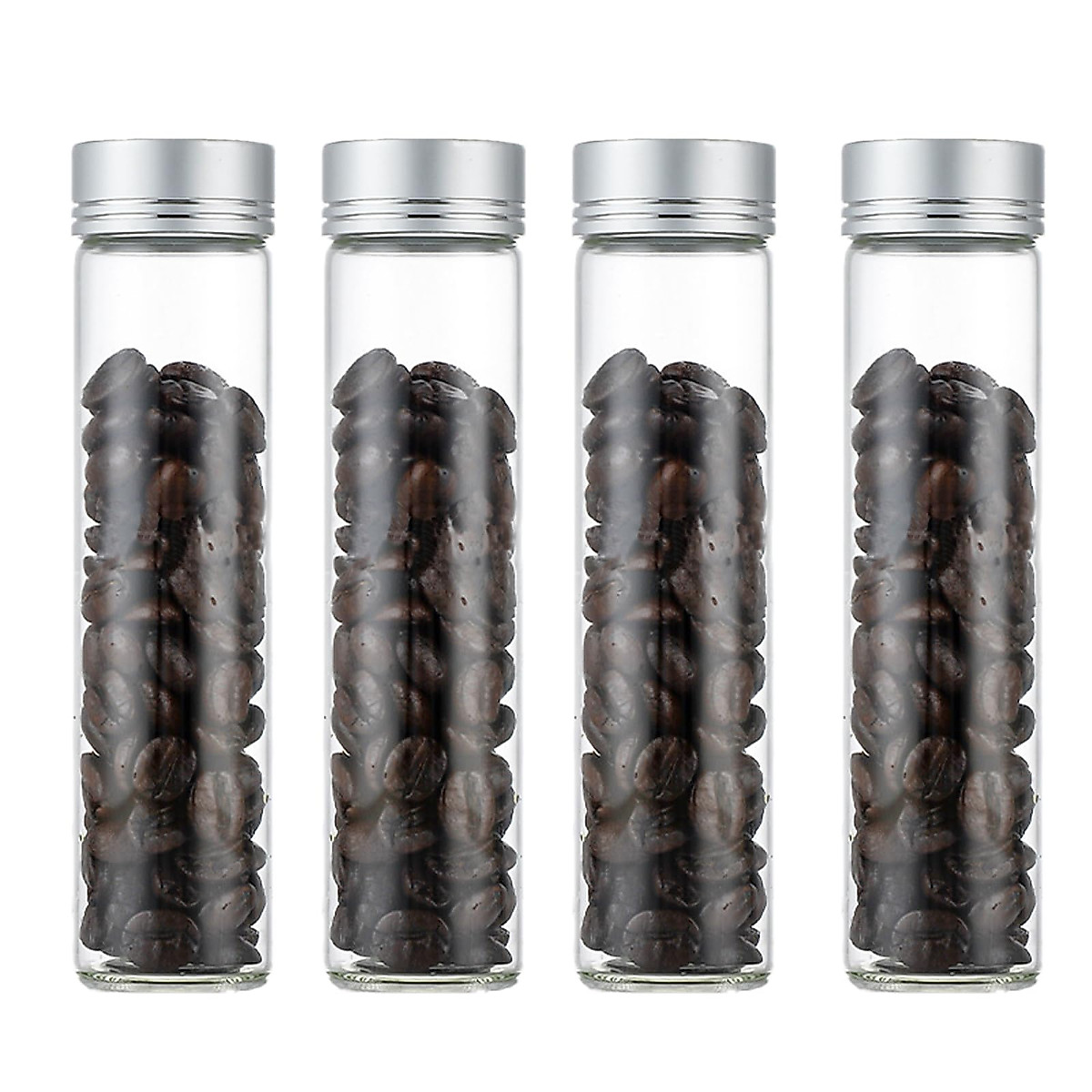 Oidium Single Dose Coffee Bean Storage - 2oz Glass Jars with Lids, Portable Spice Container, Dosing Glass Vials With Screw Caps (4-Pcs)
