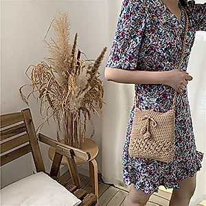 JBRUN Women Straw Crossbody Purse Beach Handmade Woven Shoulder Bag Cotton Crochet Tassel Square Bag Bohemian Messenger Bag (E-Brown)