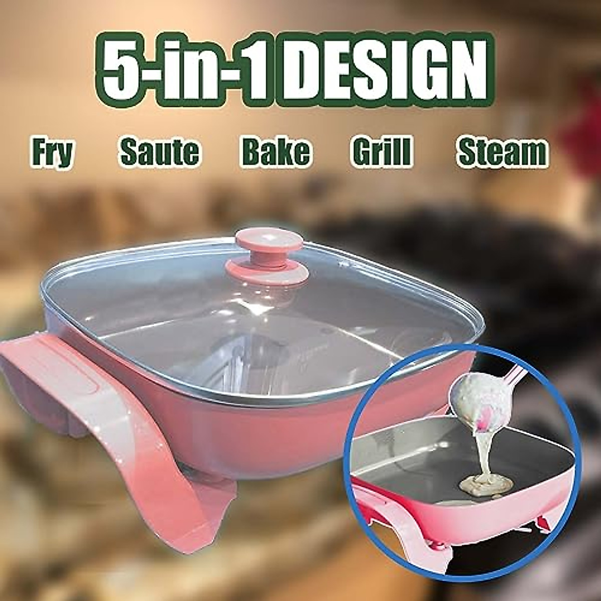 5QT Electric Skillet Nonstick with Glass Lid - 12" Ceramic Electric Fry Pan, Adjustable Temperature Control, Dishwasher Safe(Pink)