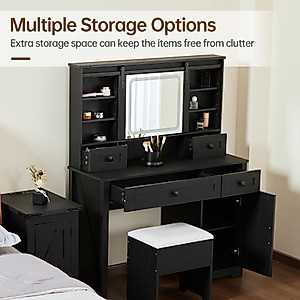 Farmhouse Makeup Vanity Desk with Electrical Outlet, Sliding Mirror and LED Lights, Adjustable Light Color Brightness, 42-Inch Tabletop Dresser, Multiple Storage Space, Dresser Set with a Stool, Black