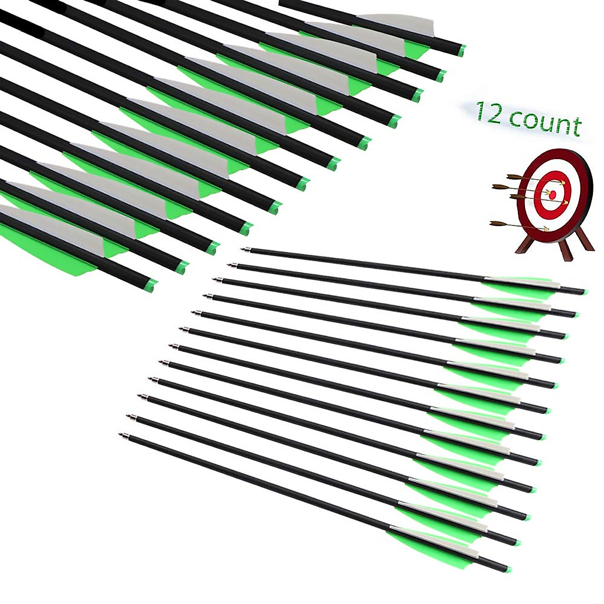 IRQ 20 Inch Crossbow Bolts and Crossbow Broadheads Set, Carbon Crossbow Arrows for Hunting and Outdoor Practice, 12 Green Arrows, 6 Broadheads(18 Pack)