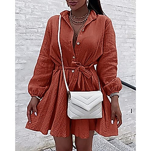 Foshow Womens Button Down V Neck Dresses Tunic Tie Waist Swing Mini Dress Casual Solid Long Sleeve Shirt Tops with Belt Brick Red