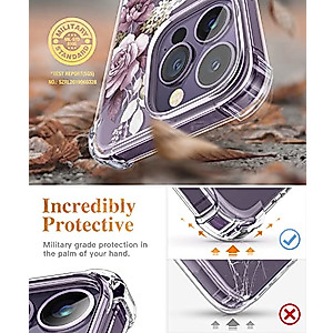 GVIEWIN iPhone 14 Pro Case with Screen Protector & Camera Lens Protector, [Compatible with MagSafe] Clear Floral Shockproof Protective Hard PC+TPU Bumper Women, Cherry Blossoms/Purple