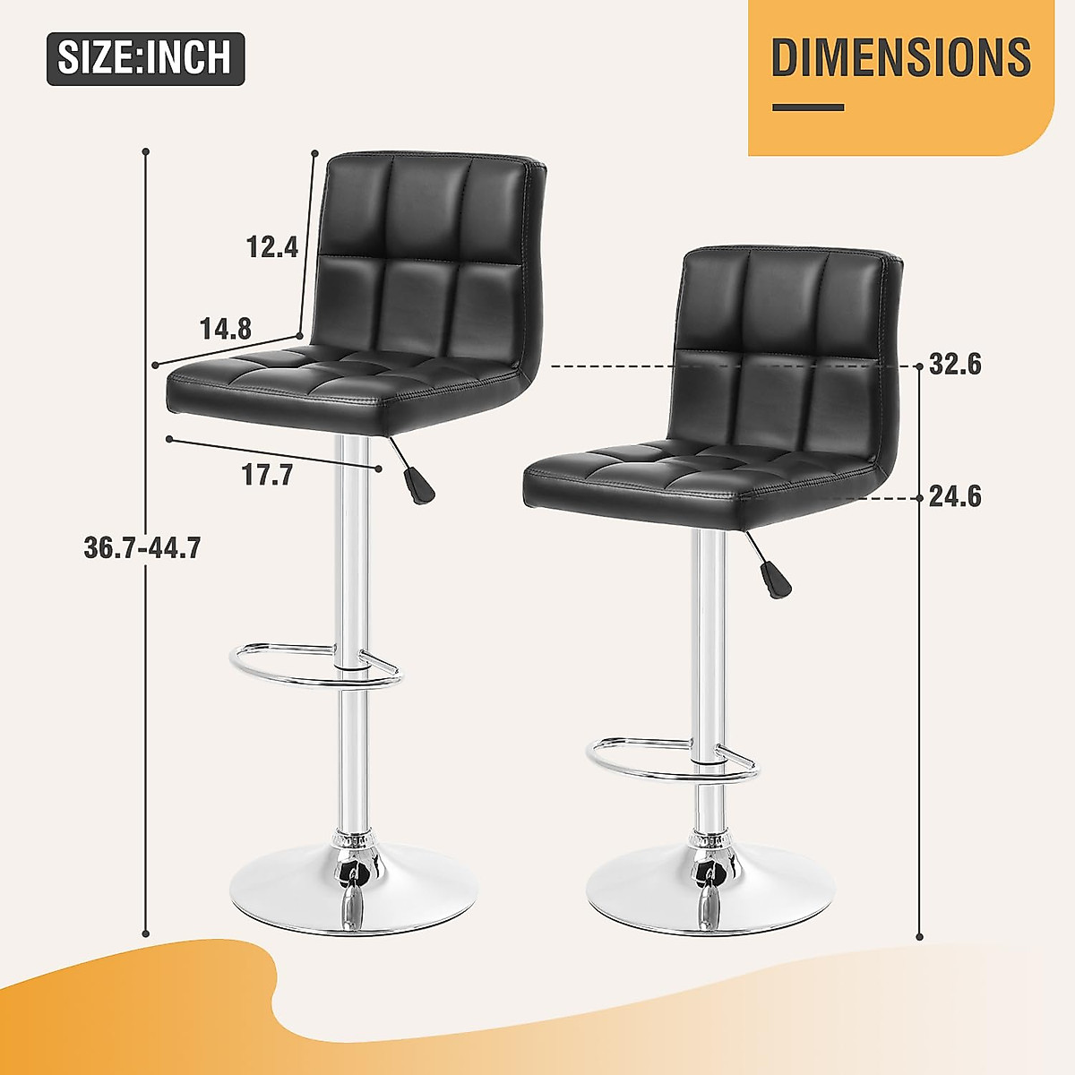 FDW Counter Height Swivel Bar Stools PU Leather Padded with Back,Set of 2 Height Adjustable Counter Stool Barstools Dining Chair,Black