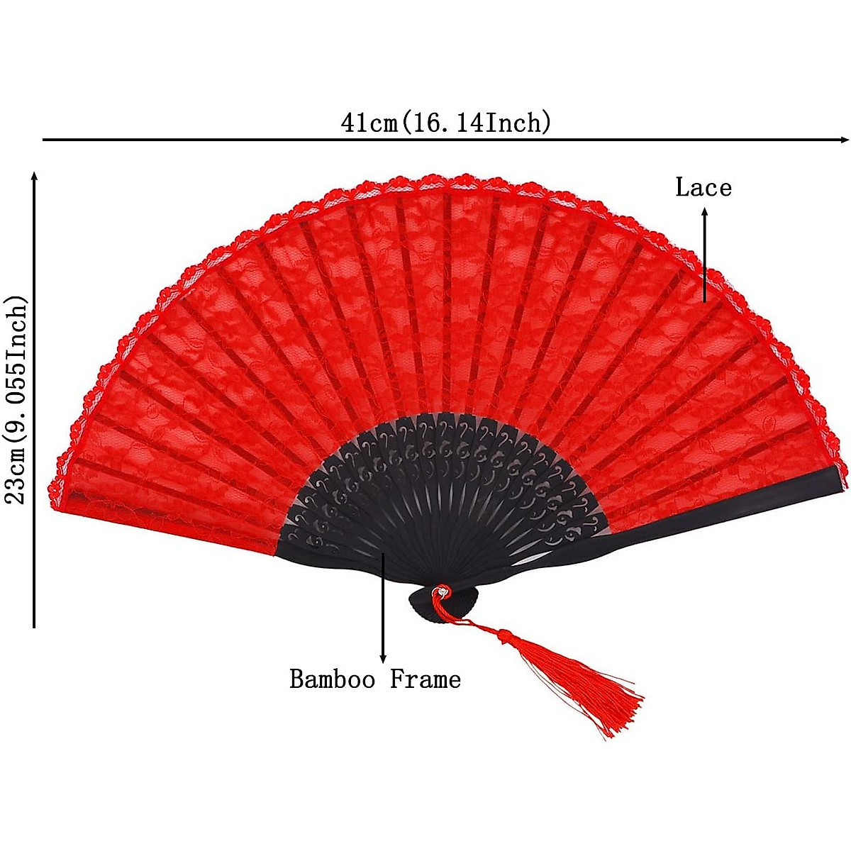 Womens Multi Color Handmade Cotton Lace Folding Hand Fan (Black-A) (Red)