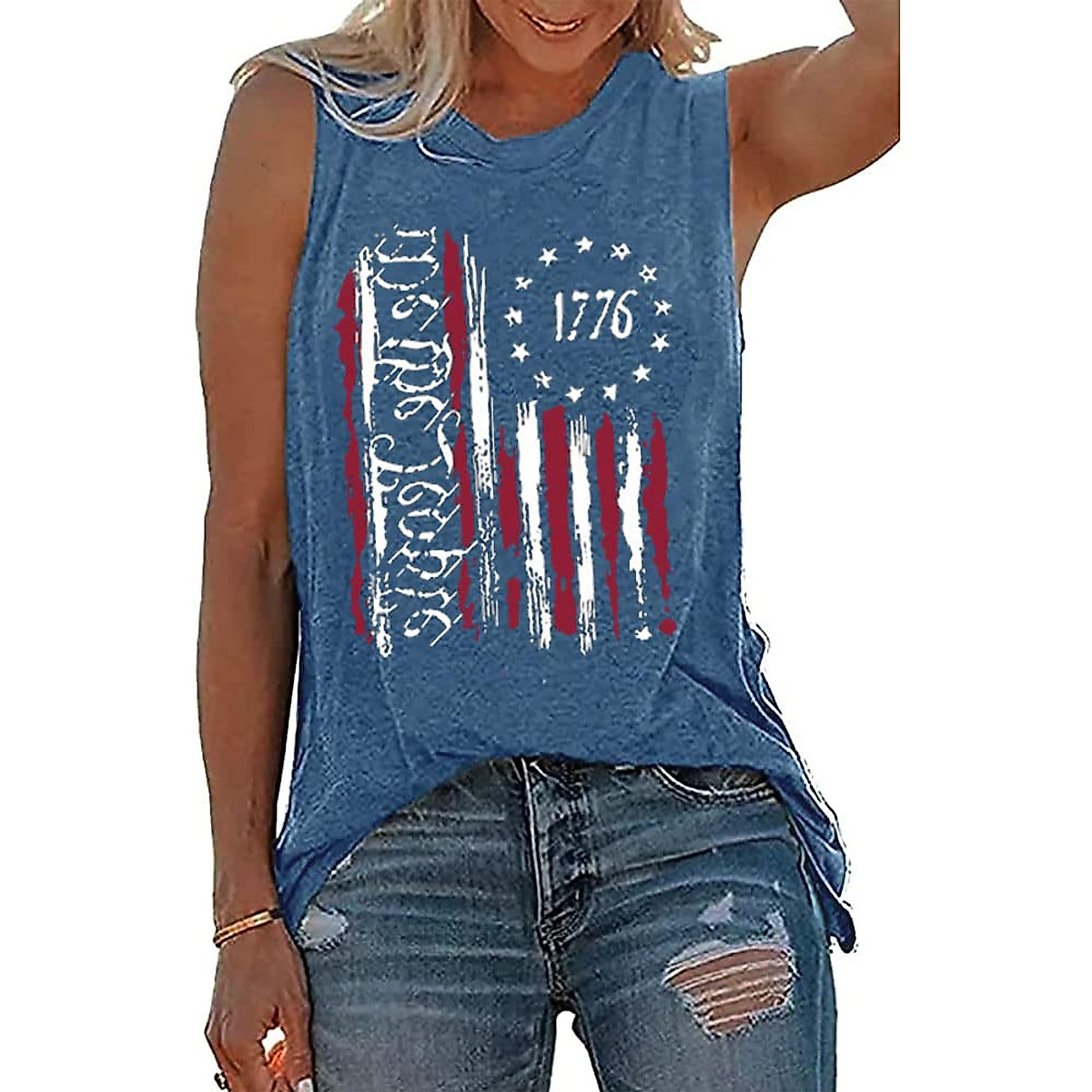 Women's American Flag Shirt 4th of July Printed 1776 Patriotic Tank Tops Patriotic Stars Stripes Sleeveless Loose Tee Tops,Ink Blue L