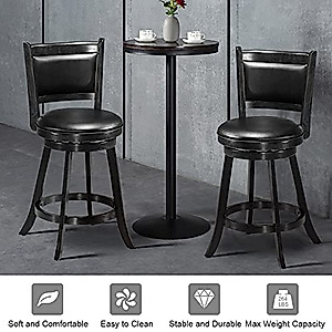 COSTWAY Bar Stools Set of 2, 360 Degree Swivel, Accent Wooden Swivel Back Counter Height Bar Stool, Fabric Upholstered Design, PVC Cushioned Seat (2 stools, Black 24'' Height)