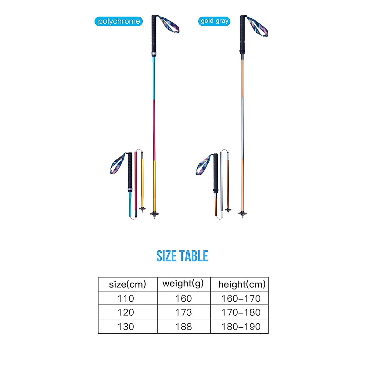 3 Section Trekking Poles Lightweight Aluminium Walking Poles Adjustable Trekking Sticks Collapsible Sticks 2pcs (Rainbow, 110cm/43.3inch)