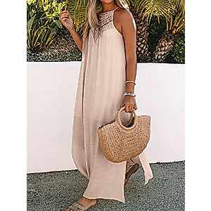 FARORO Womens Long Dress Sleeveless Boho Casual Dresses Lace Casual Halter Gown Split Loose Cover Up Halter Maxi Sundress Apricot
