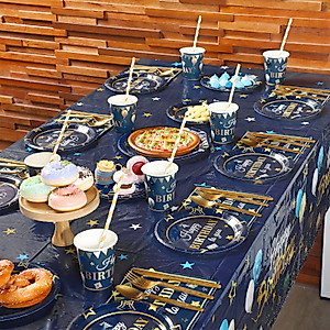 Capoda Birthday Party Supplies Happy Birthday Tableware Set Confetti Starry Tablecloth Plates Cups Napkins Dinnerware for Kids Adults Party Supplies Decor(Navy Blue and Gold)