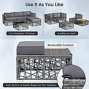 Tangkula 5 Pieces Patio Furniture Set, Patiojoy All Weather Heavy Duty Outdoor PE Rattan Wicker Sectional Cushioned Sofa Set with Tempered Glass Coffee Table and Ottoman for 4, Poolside, Garden (Grey)