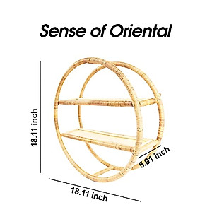 T'Furni Rattan Round and Horizontal Stripes Wall Shelf for Living Room Kitchen Wall Decor - Natural Rattan Floating Shelves - Natural Hanging Book - Wall Shelves with Storage