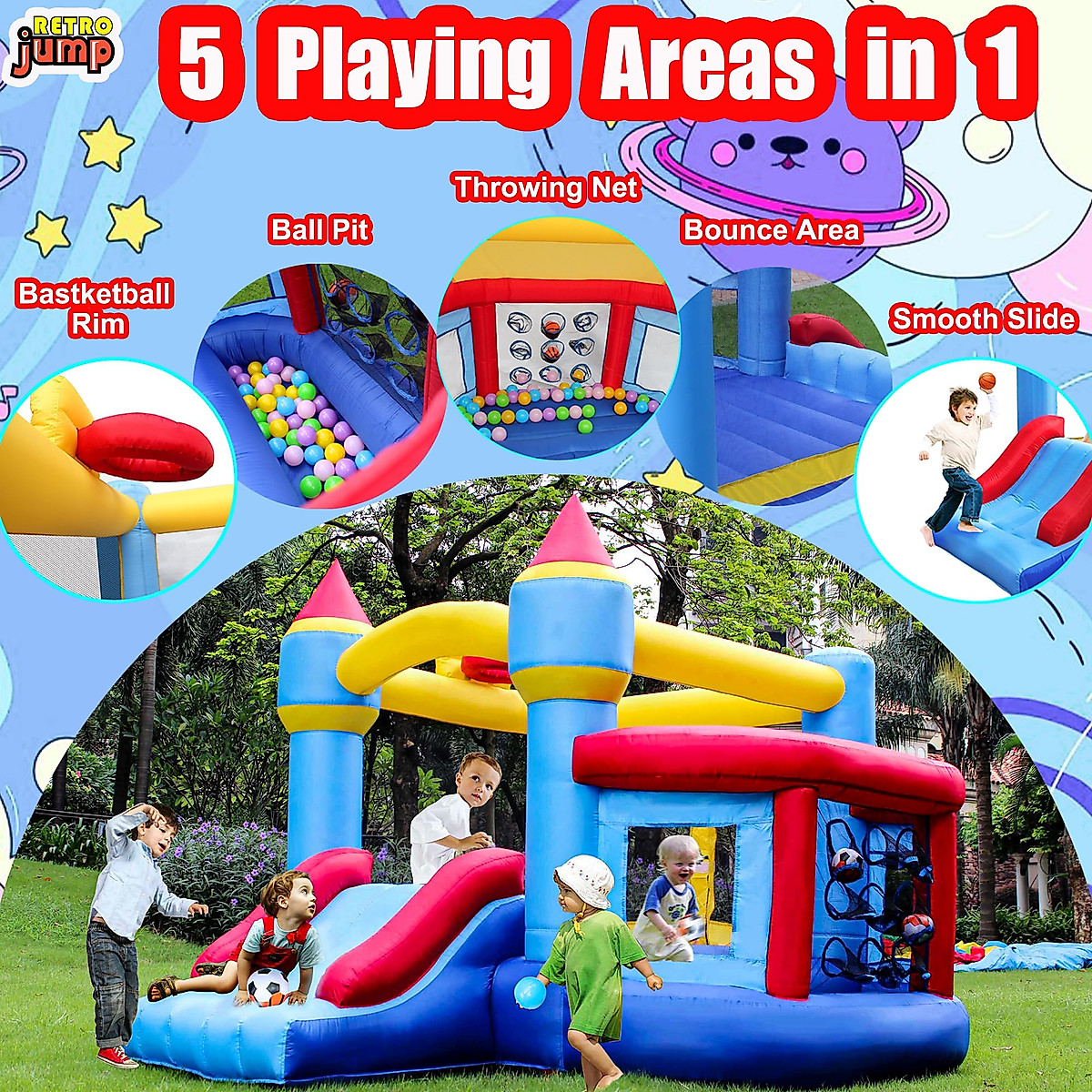 RETRO JUMP Inflatable Bounce House, Bouncy House for Kids Outdoor, Inflatable Kids Bounce House with Jumping Ball Pit & Basketball Hoop, Ocean Balls, Blower, Patch Kits, Stakes, Carrying Bag
