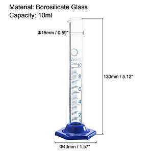 uxcell Borosilicate Glass Graduated Cylinder, 10ml Measuring Cylinder, Science Test Tube Beakers, Single Metric, Blue Hex Base Flask for Lab Home 2Pcs