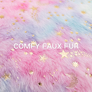 DAYALANE Fluffy Desk Chair with Wheels, Cute Kids Study Chair with Adjustable Height, Faux Fur Task Computer Chair Swivel Chair for Girls, Teen Rolling Chair for Bedroom, Vanity, Rainbow Pink