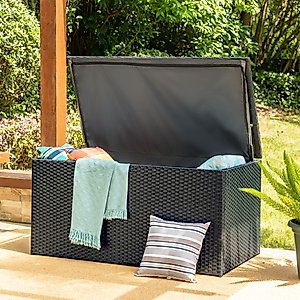 Glitzhome Patio Outdoor Deck Box, 140 Gallons Oversized All-Weather Cushion Wicker Storage Trunk Waterproof, Outside Storage Bin for Patio Furniture Covers, Cushion Pillows, Towels, Garden Tools,