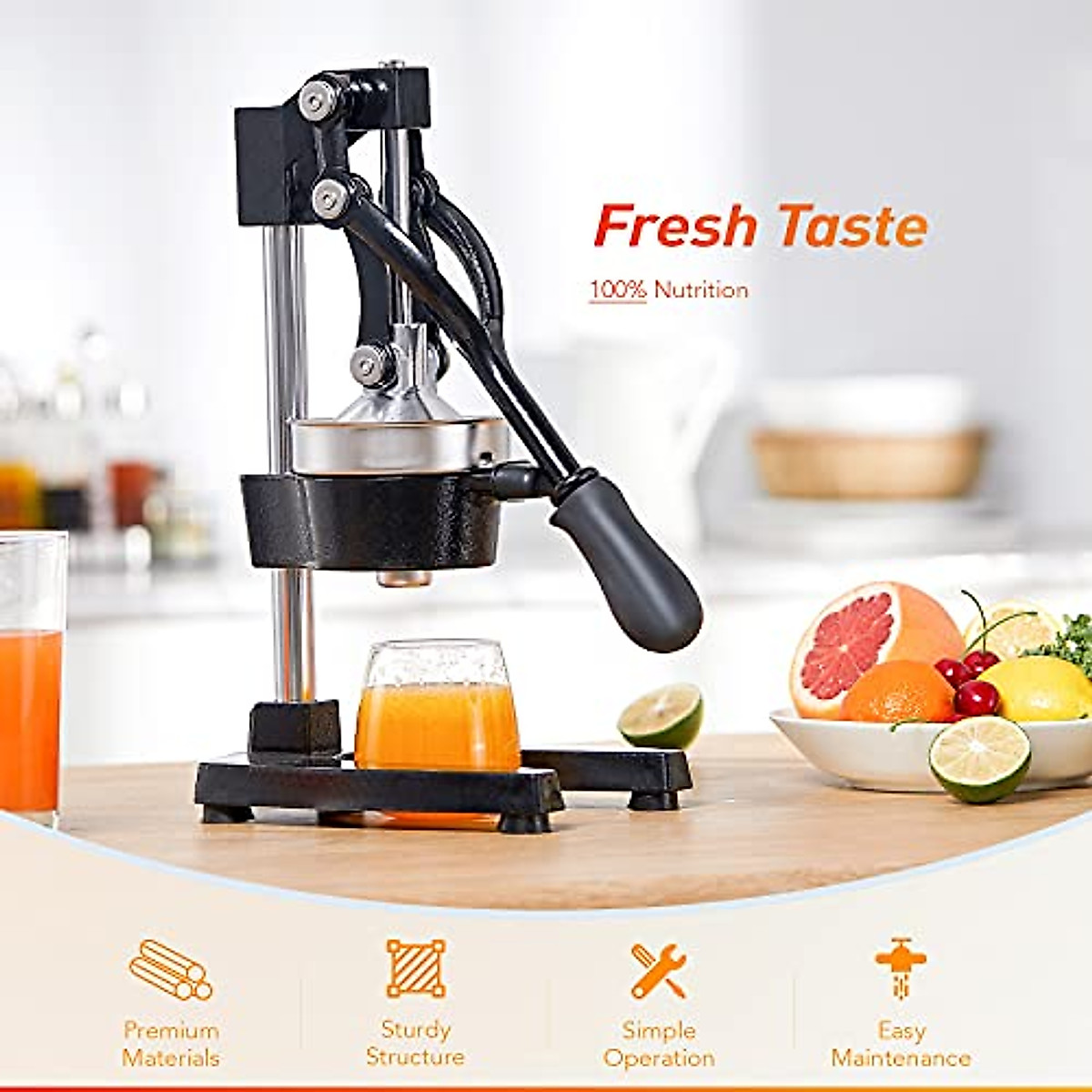 CO-Z Hand Press Juicer Machine, Manual Citrus Juicer for Lemon, Lime, Orange Juice - Professional Squeezer and Crusher, Easy to Clean, Black
