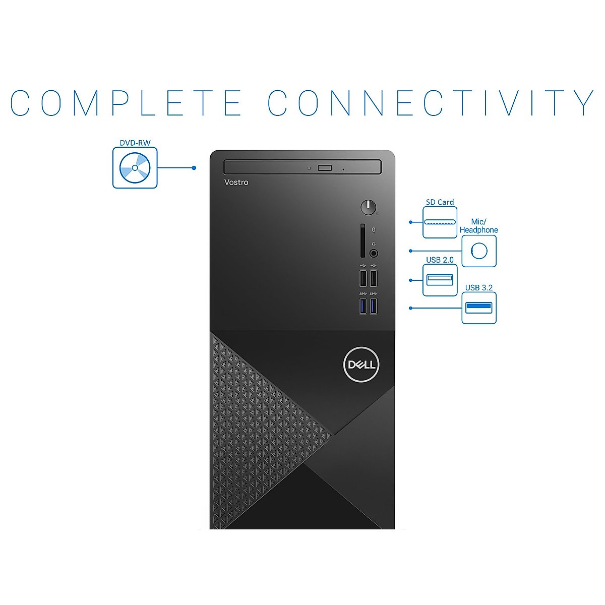 Dell Vostro 3888 Full Size Tower Business Desktop Computer, Intel Octa-Core i7-10700, 32GB DDR4 RAM, 2TB PCIe SSD + 1TB HDD, DVDRW, 802.11AC WiFi, Bluetooth, Keyboard and Mouse, Windows 11 Pro