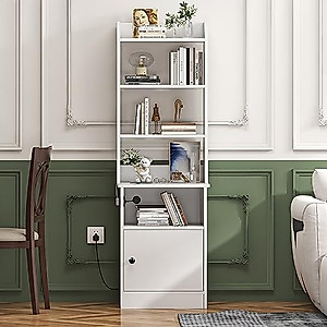 Gdvsclr Nightstand with Charging Station, 55.3" Tall Nightstand with Adjustable Shelves, Bedside Tables with Storage Cabinet, End Table for Living Room, Bedroom, Study Room, Home Office, White