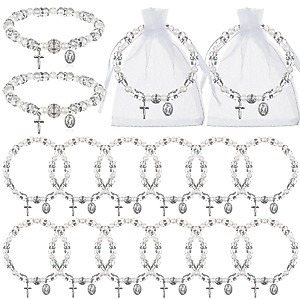 Taiyin Rosary Bracelet Bulk with Mesh Bags, White Religious Rosary Bead Bracelet Catholic Bracelets, Baptism First Communion Gifts for Women(12 Pcs)