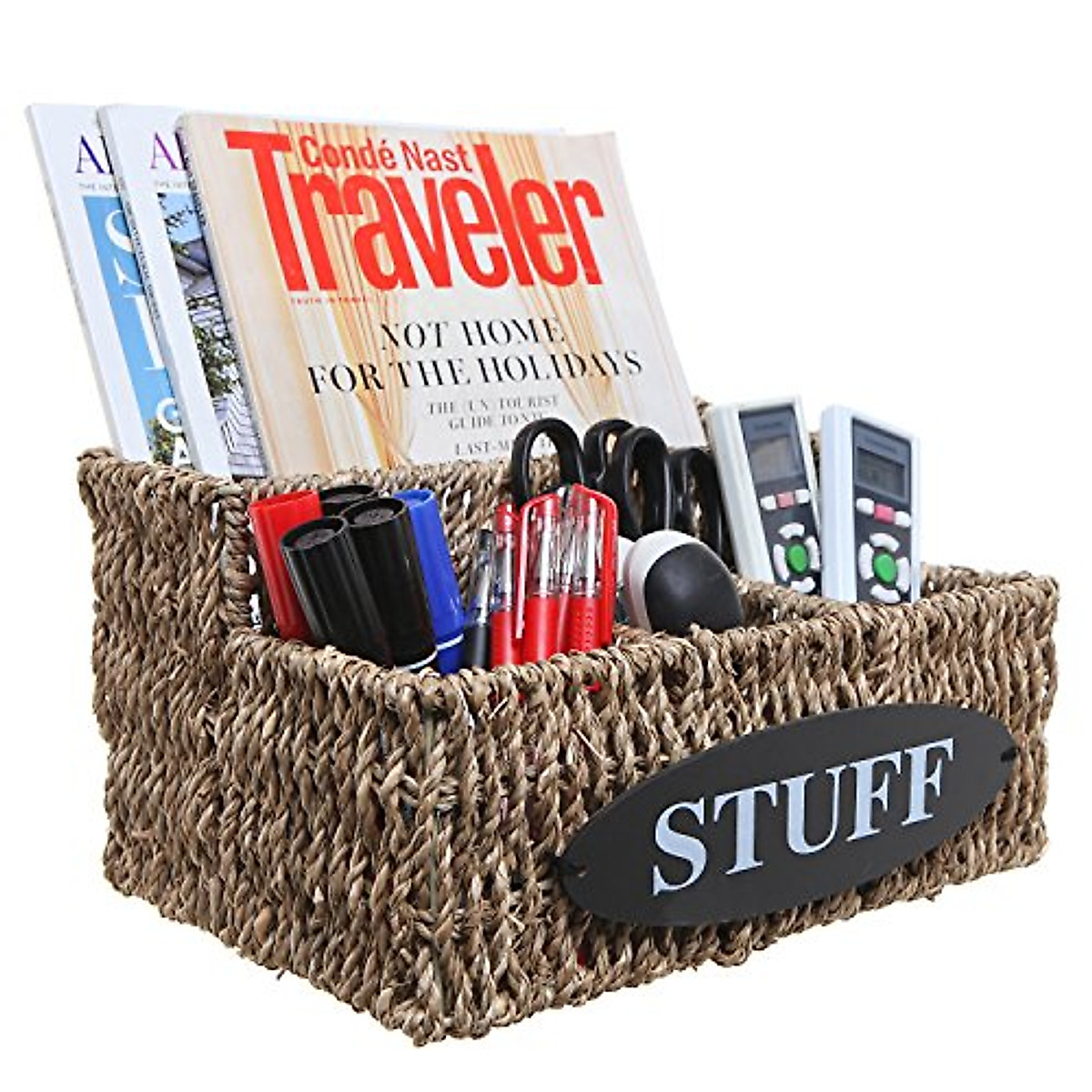 MyGift Beige Woven Seagrass Multipurpose Storage Basket 4 Compartment Organizer with STUFF Label, Desktop Mail Holder, Office Supplies Accessories Holder and Pencil Cup