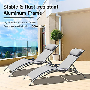 Domi Lounge Chair Set of 3, Aluminum Lounge Chairs for Outside with 5 Adjustable Positions, Chaise Lounge Outdoor for Pool, Garden, Beach, 2 Pool Chairs and 1 Side Table(Gray)