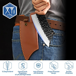 XYJ Full Tang Boning Butcher Knife With Leather Sleeves Hammer Blade High Carbon Stainless Steel Serbian Chef Knives For Kitchen Camping or Outdoor BBQ