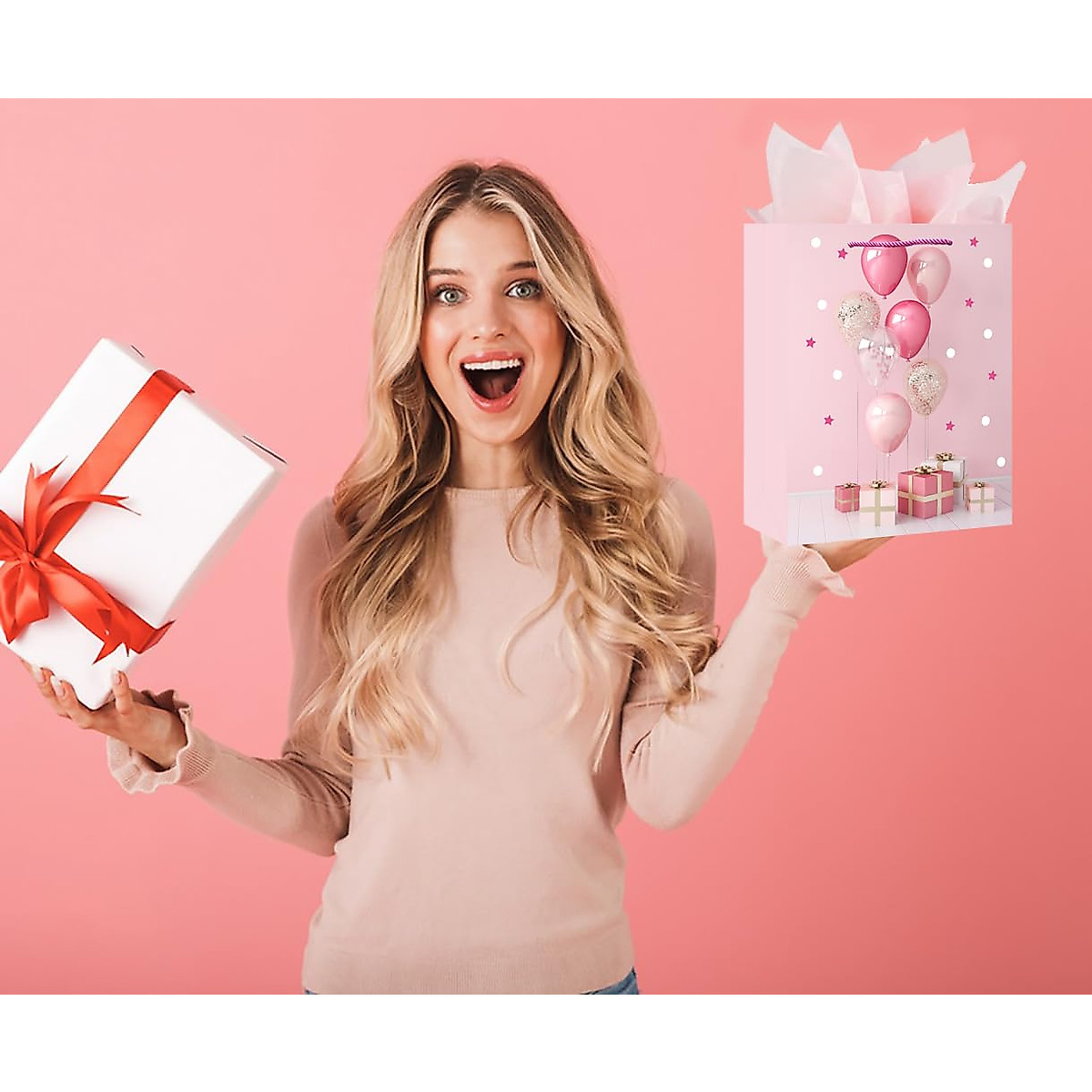 LUCKY AID 13” Birthday Gift Bag with Handle and Tissue Paper, Gift Bag for Boys, Girls, Women and Men’s Birthday Party, Baby Shower, Christmas Party Supplies (Pink)