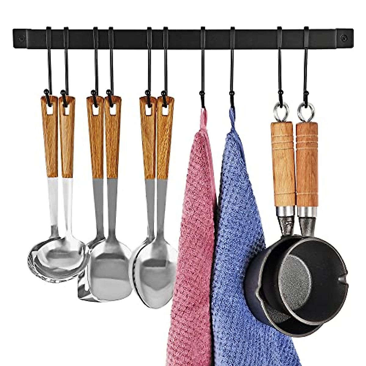 JEPRECO Kitchen Rail with 10 Hooks, Wall Mounted Iron Utensil Holder Hanging Pot Pan Rack Mug Cup Organizer,17 Inch Black
